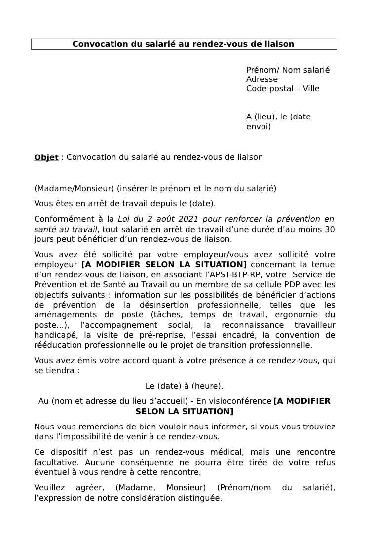 Modèle de convocation au RDV de liaison - APST
